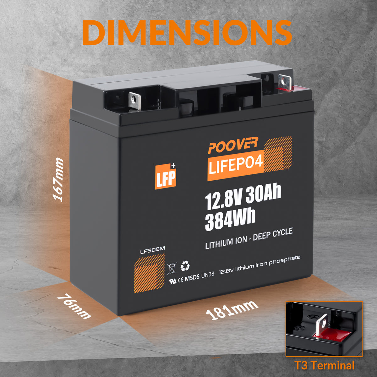 POOVER 12.8v 30ah LiFePO4 Lithium Battery Trolling Motor, Wheelchair ...